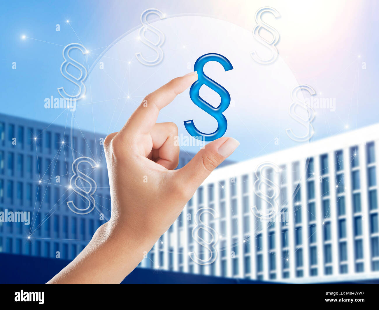 Woman's hand holding Paragraph icon in front of big modern rental ...