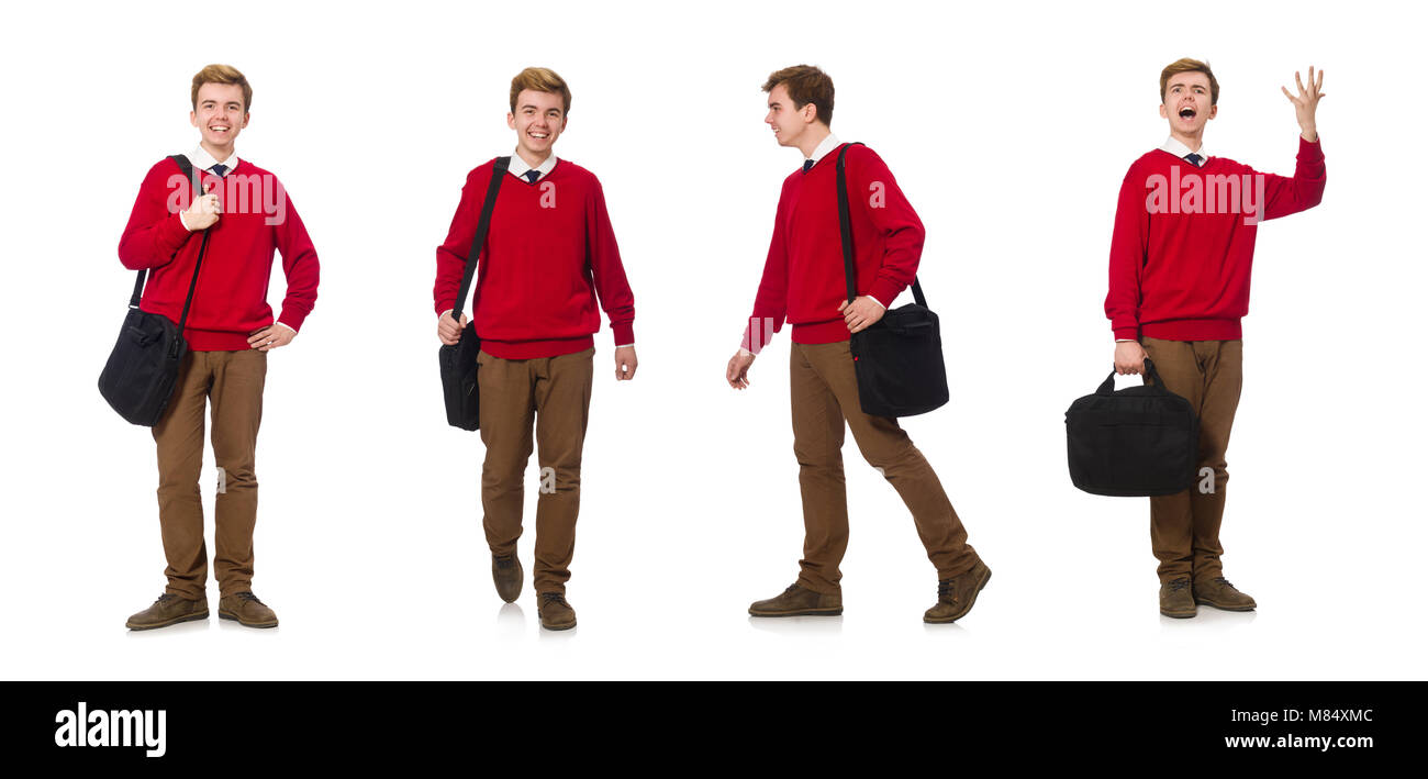Student with bag isolated on white Stock Photo - Alamy