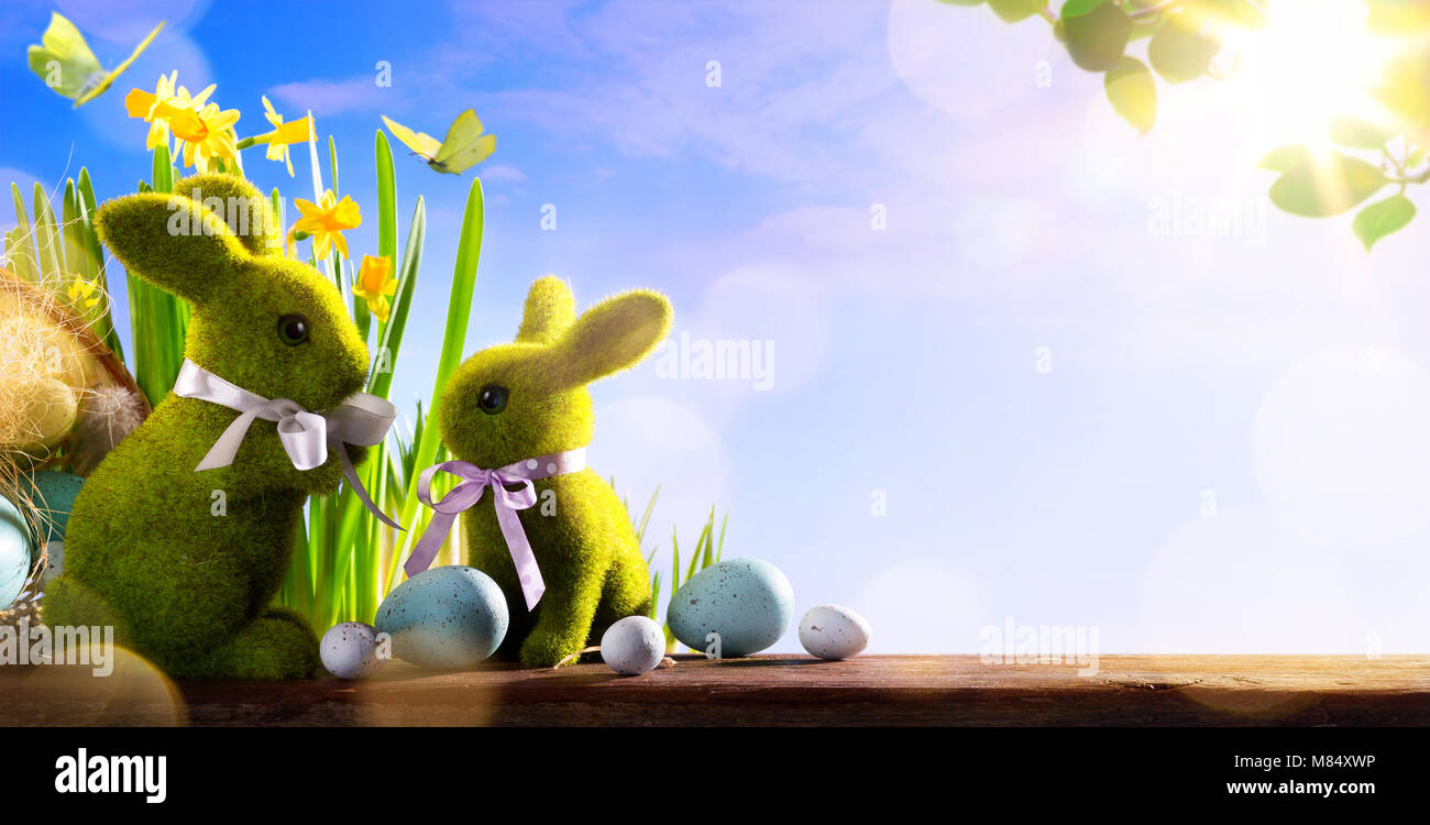 art Happy Easter Day; family Easter bunny and Easter eggs Stock Photo ...
