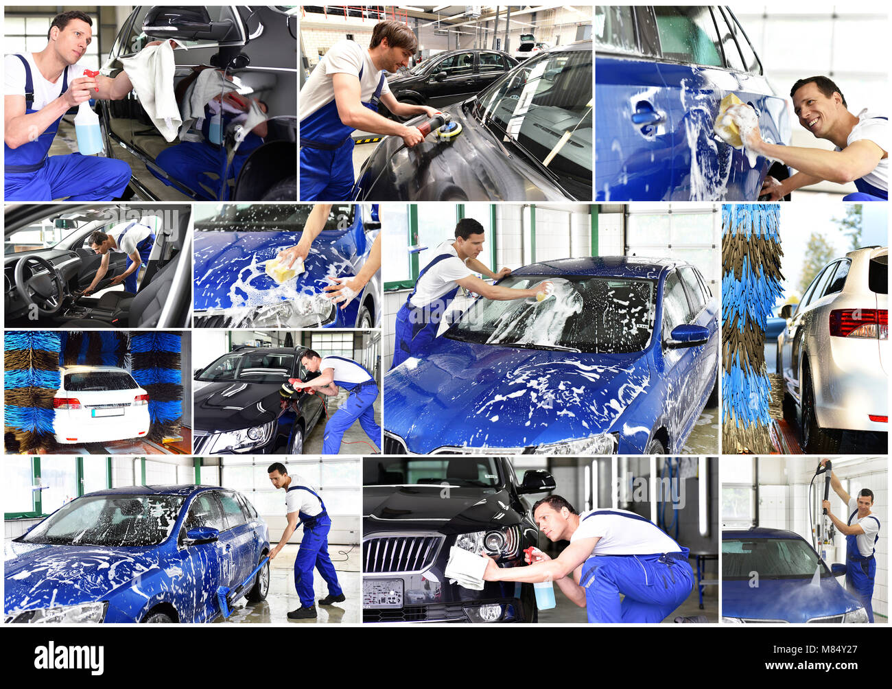 Car wash - employees of a car dealership clean a vehicle professionally ...