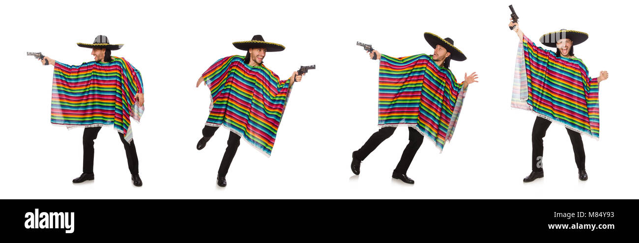 Handsome man in vivid poncho holding gun isolated on white Stock Photo ...