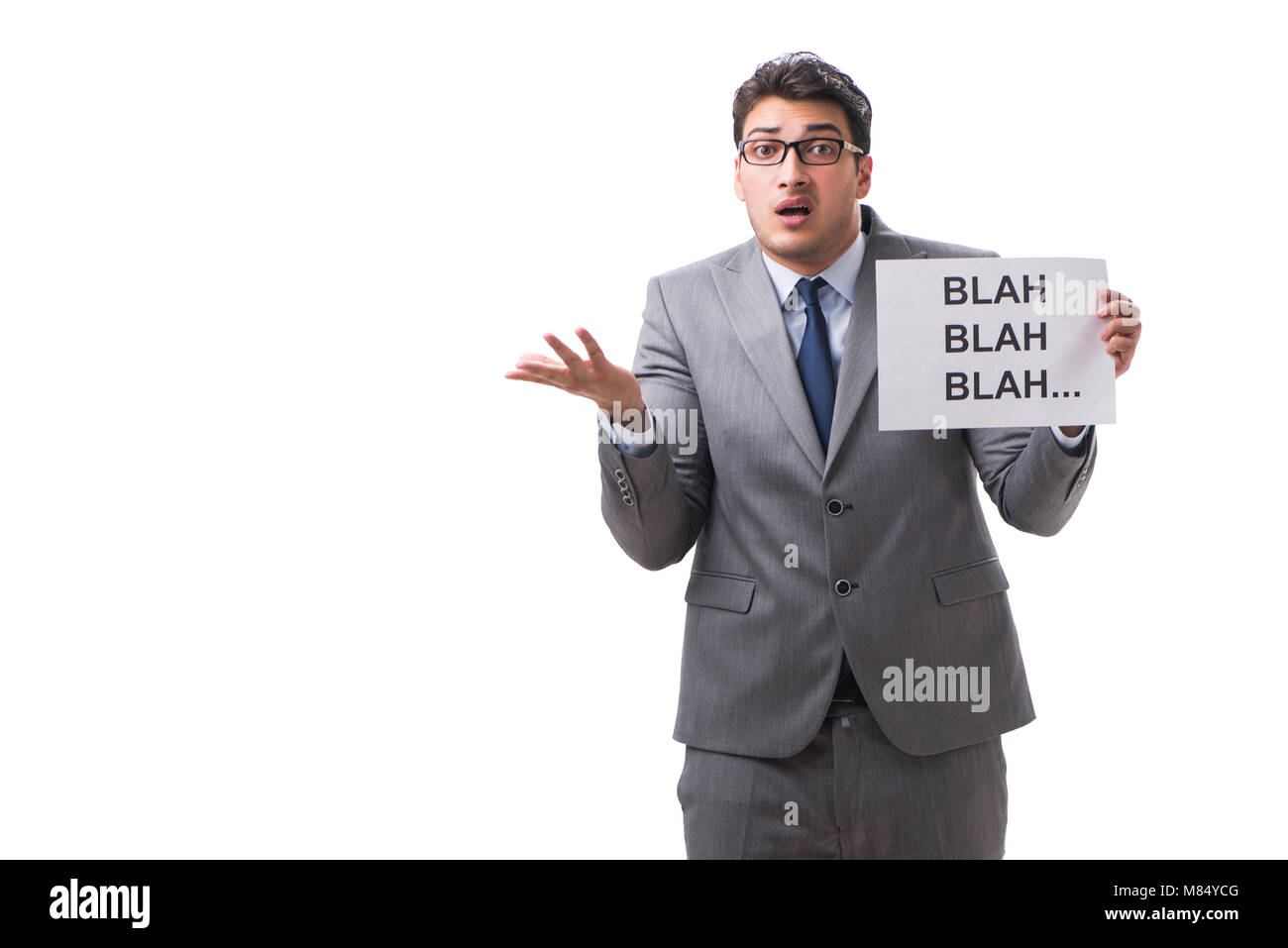 Businessman telling lies isolated on white background Stock Photo - Alamy