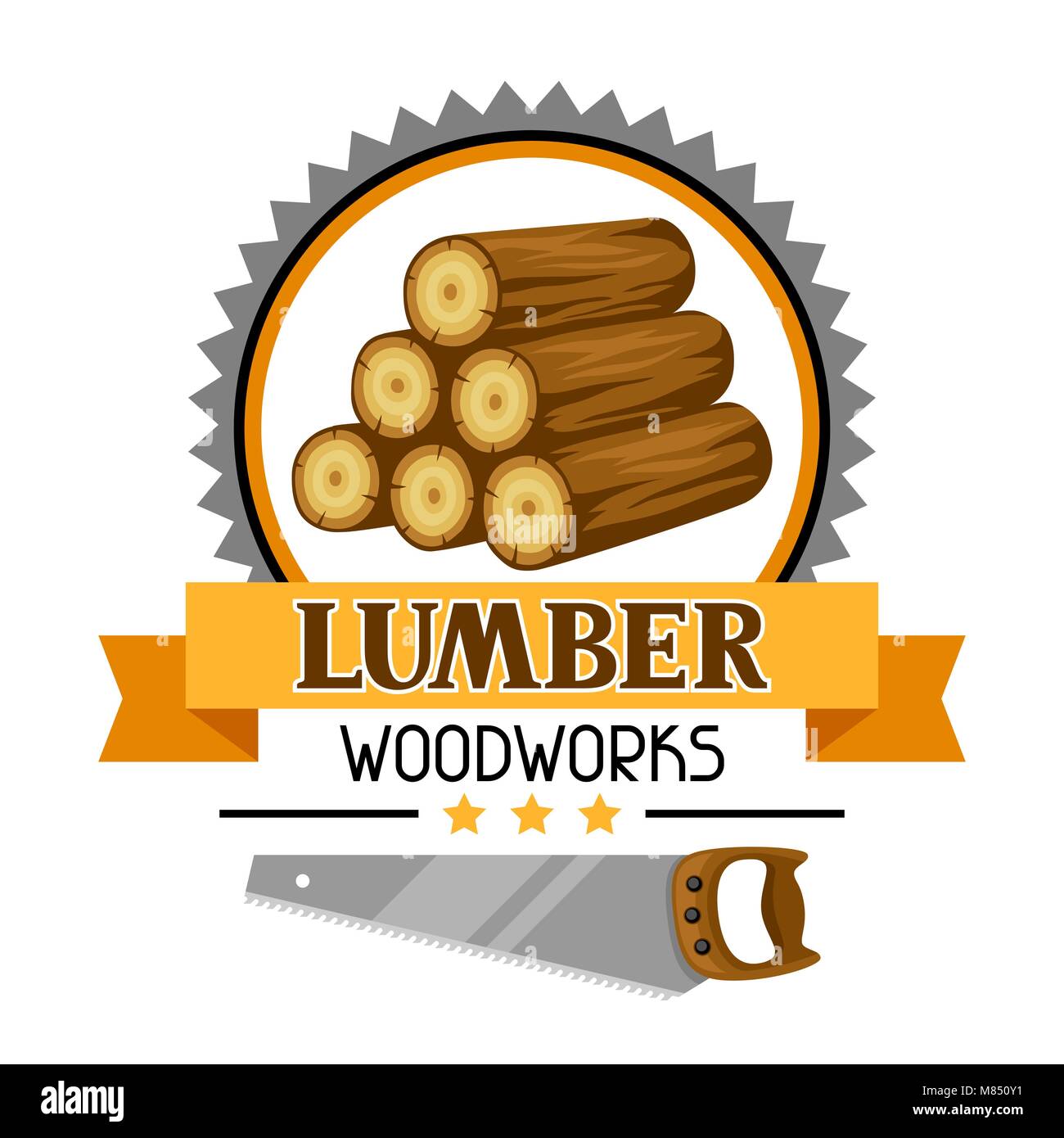 Lumber label with wood stack and saw. Emblem for forestry and lumber ...