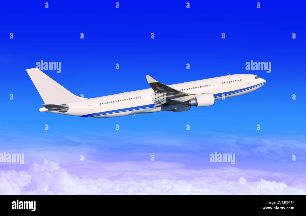 flying white passenger aircraft in blue sky Stock Photo - Alamy