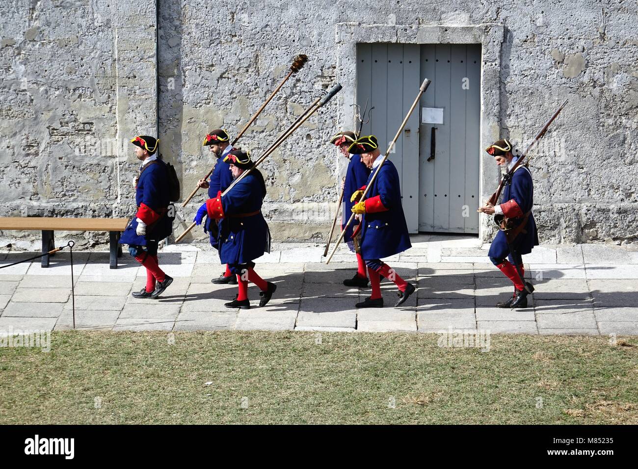 Cannon crew at Castillo de San Marcos marching toward the stairs that ...
