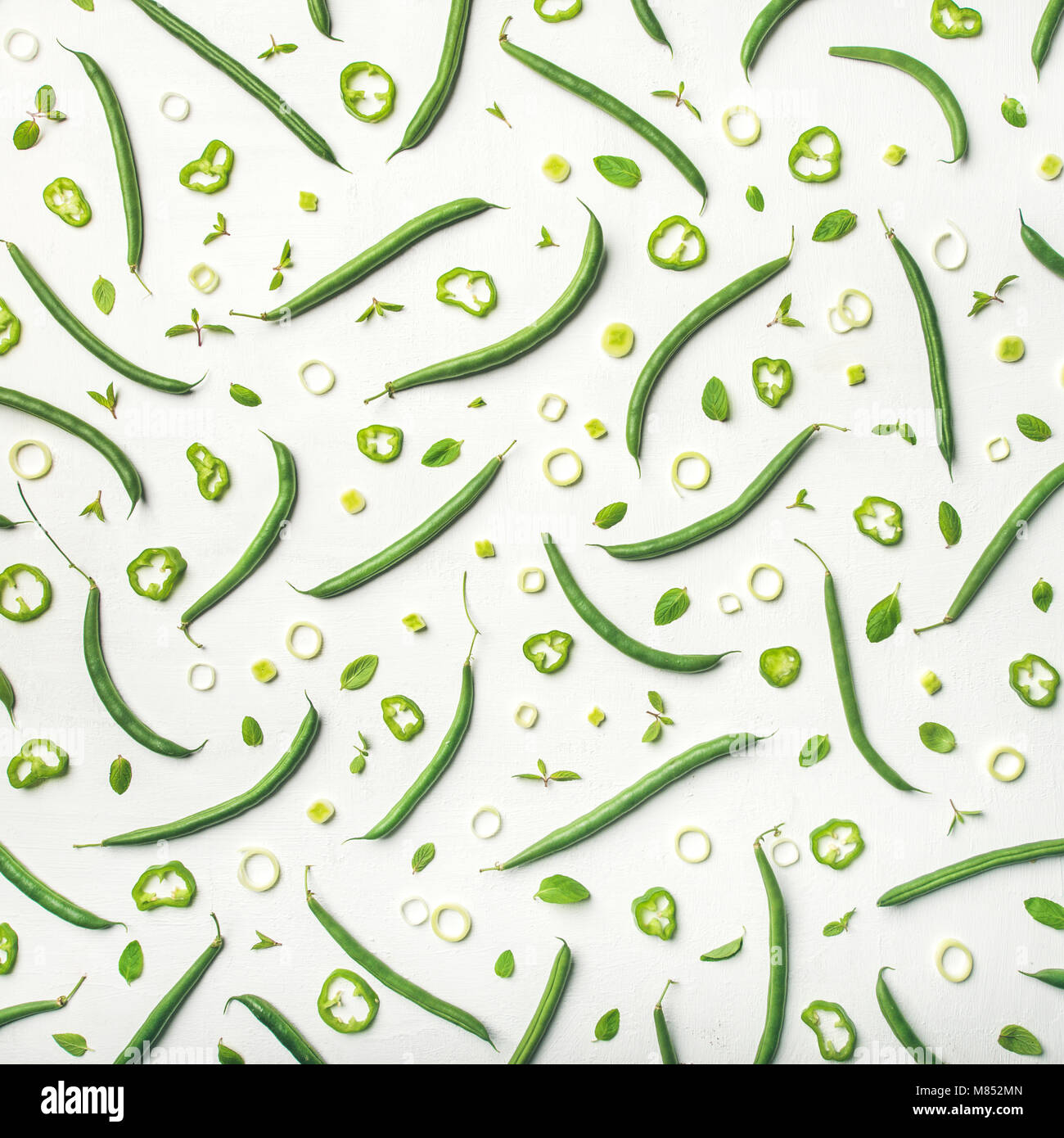 Flat-lay of fresh green beans over white background, square crop Stock ...