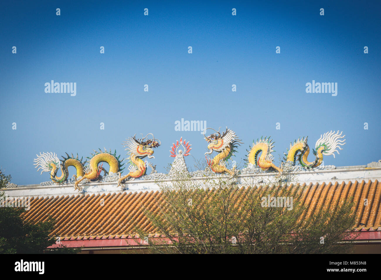 Colorful dragon column at Chinese shrine soars into blue sky Stock ...