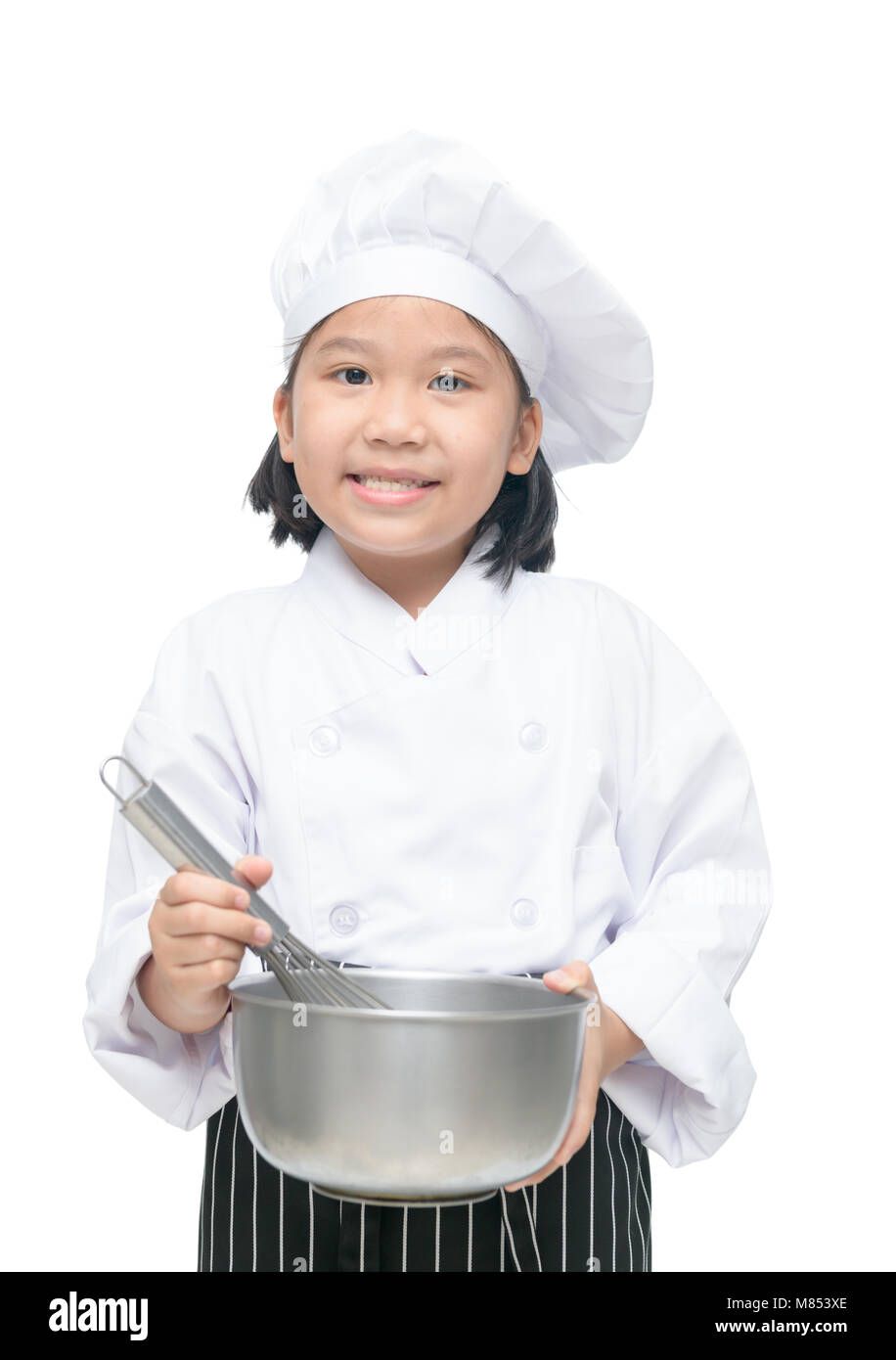 cute asian girl chef holding whisk with bowl and cook hat, apron ...