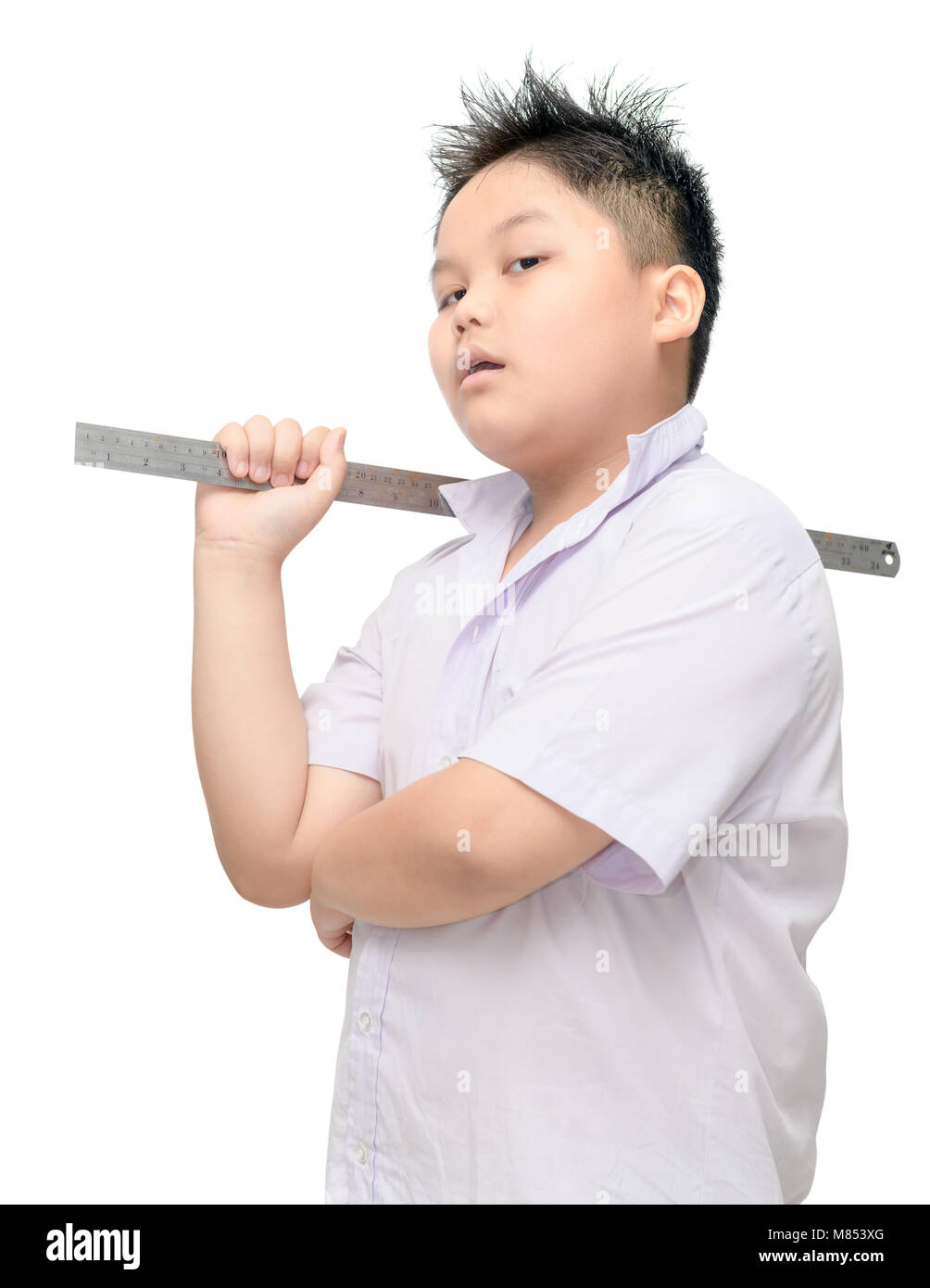 Boy gangster student holding steel ruler isolated on white background ...