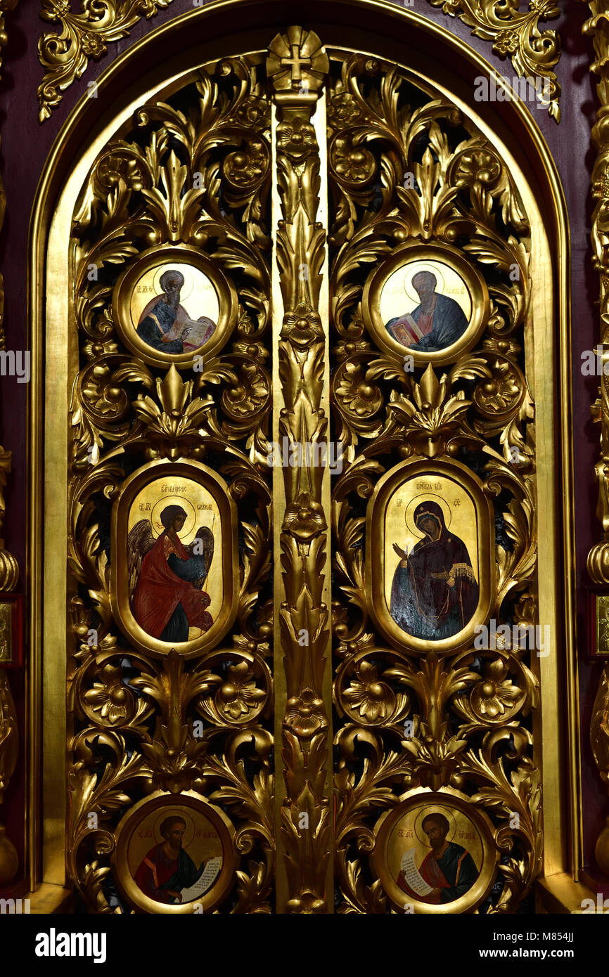 Dmitrov, Russia - March 10. 2018. altar doors in Borisoglebsky male ...