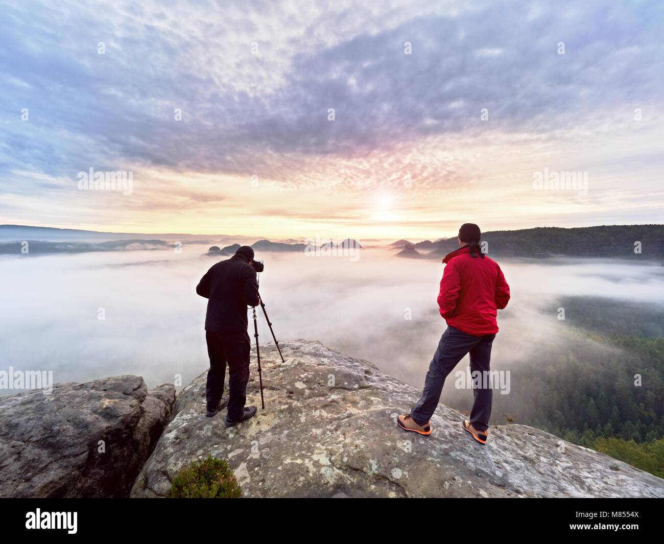 Two men enjoy photographying in wild nature. Nature photographer with ...