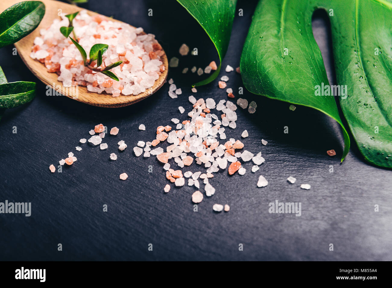 Himalayan salt in bamboo spoon on black slate plate with monstera leaf ...