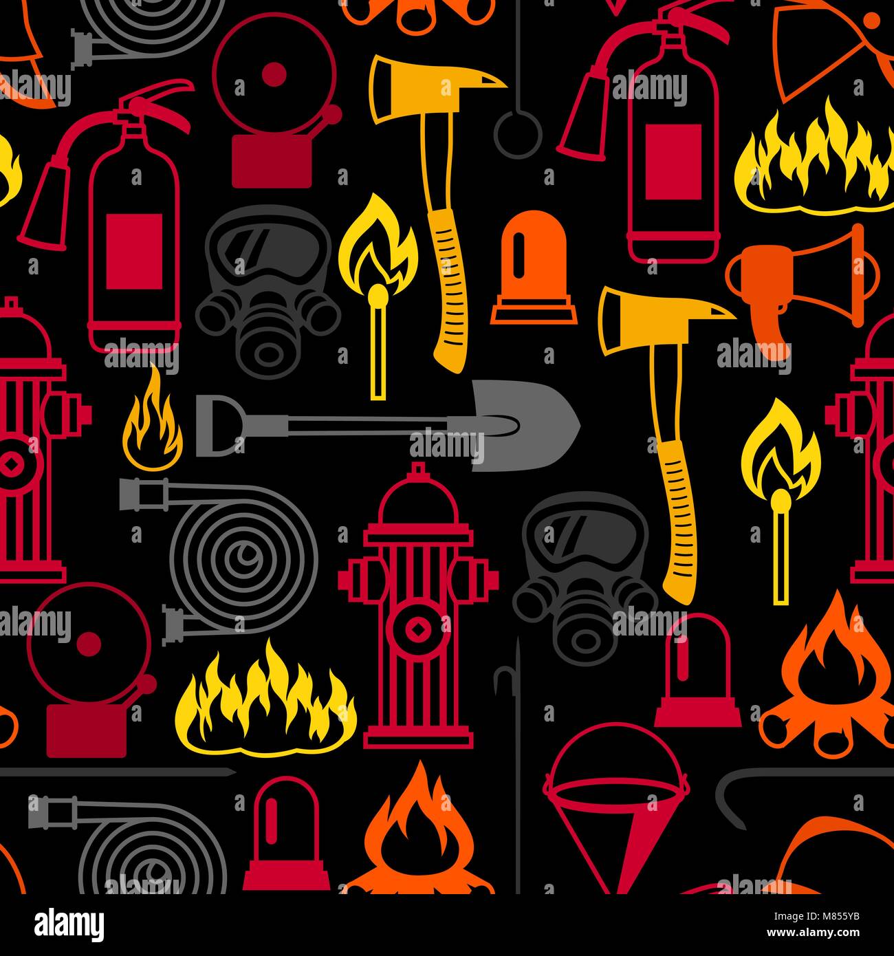 Seamless pattern with firefighting items. Fire protection equipment ...