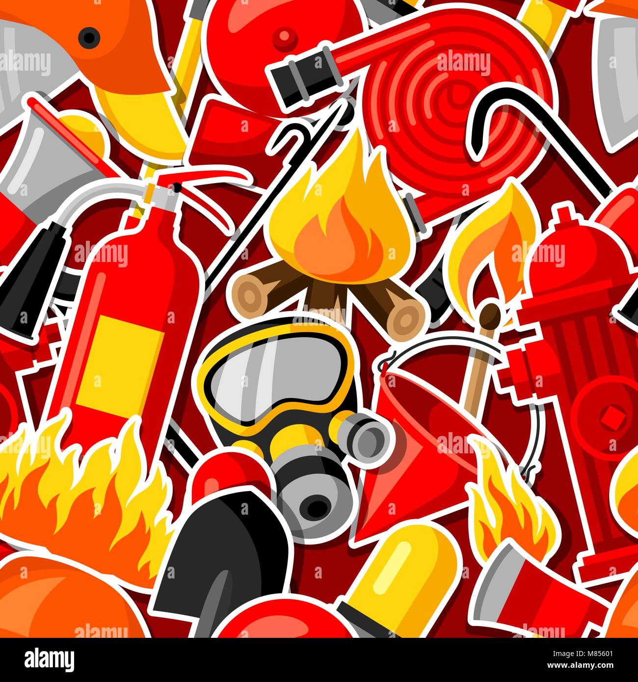 Seamless pattern with firefighting stickers. Fire protection equipment ...