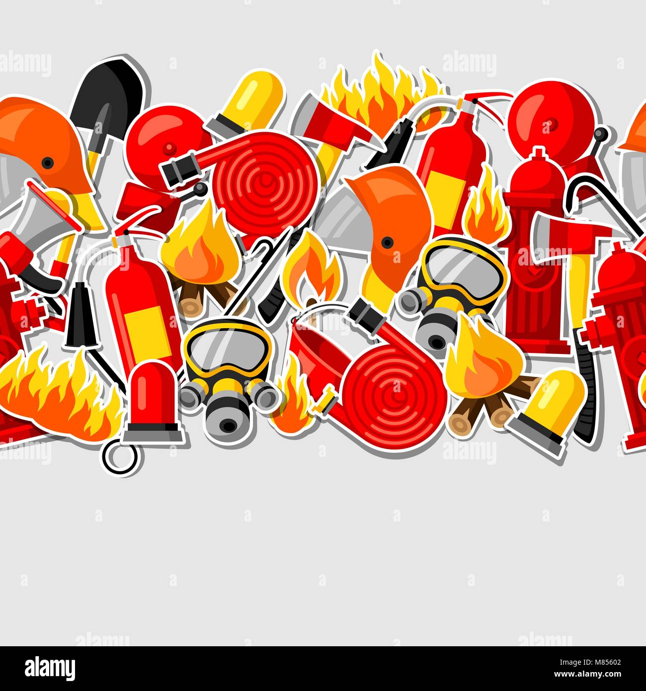 Seamless pattern with firefighting stickers. Fire protection equipment ...