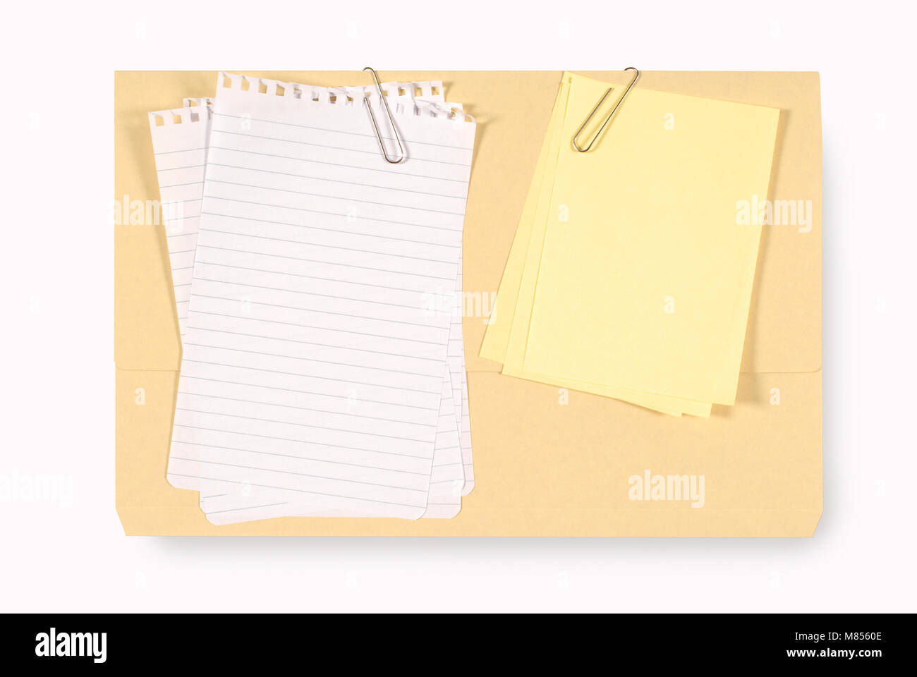Office folder with untidy sticky note paper and paperclips. Space for ...