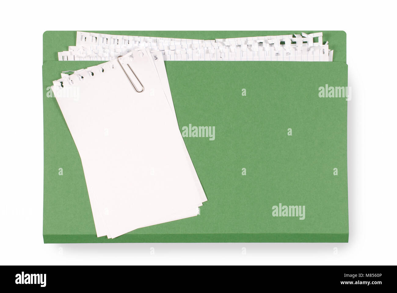 Office folder with untidy note paper isolated on a white background ...