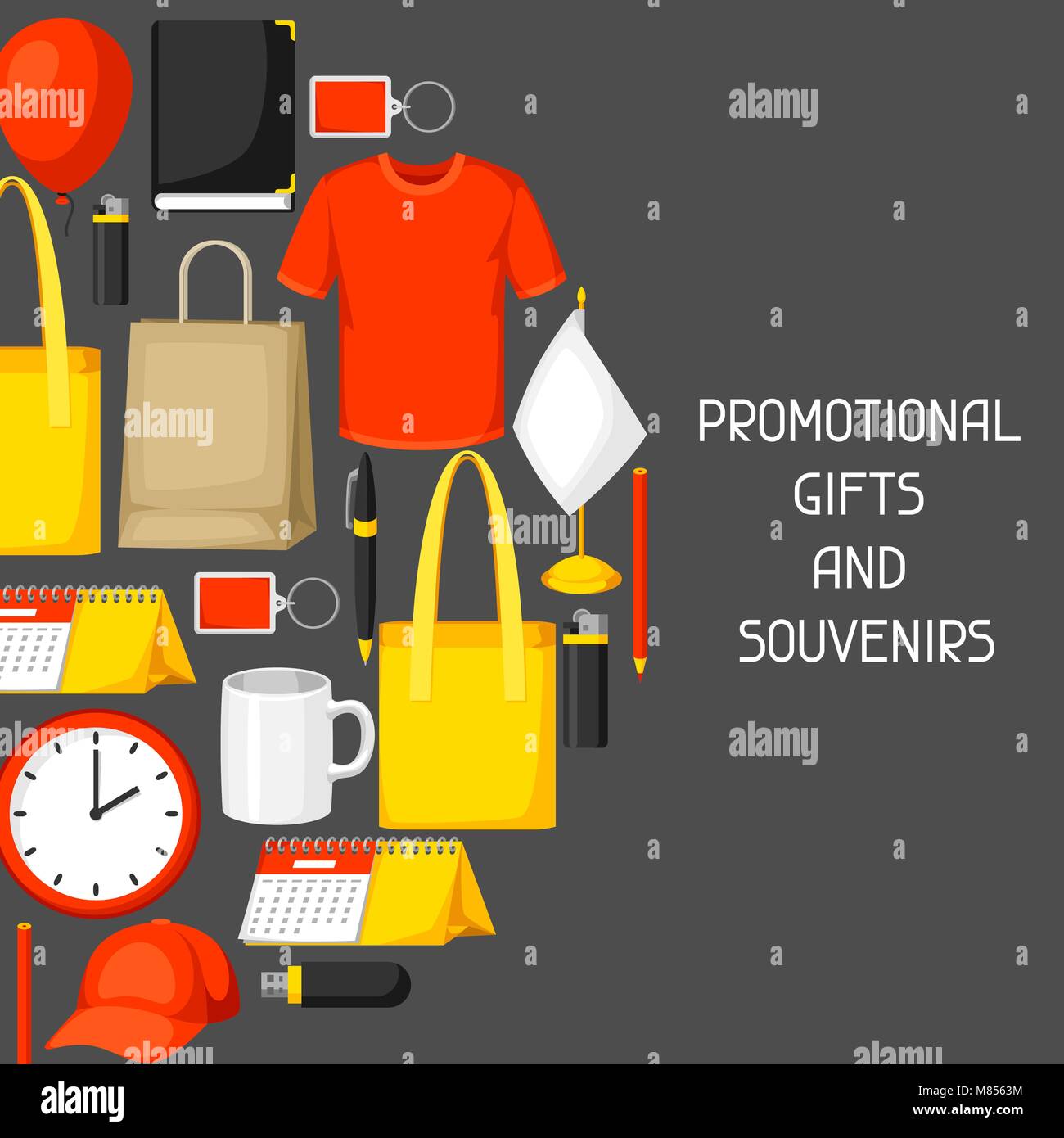 Advertising background with promotional gifts and souvenirs Stock ...