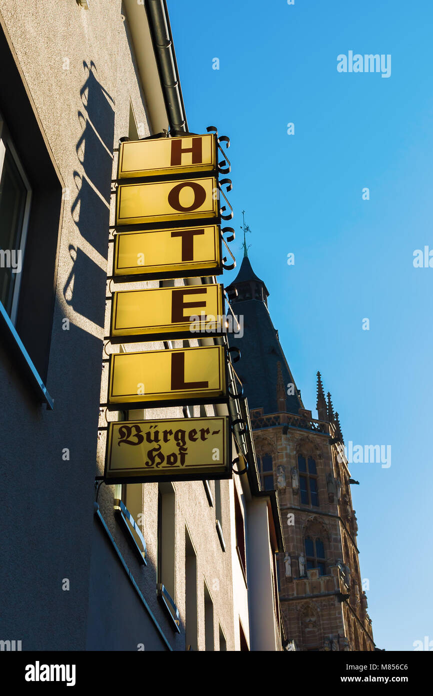 Cologne, Germany - February 24, 2018: Hotel sign with the historic town ...