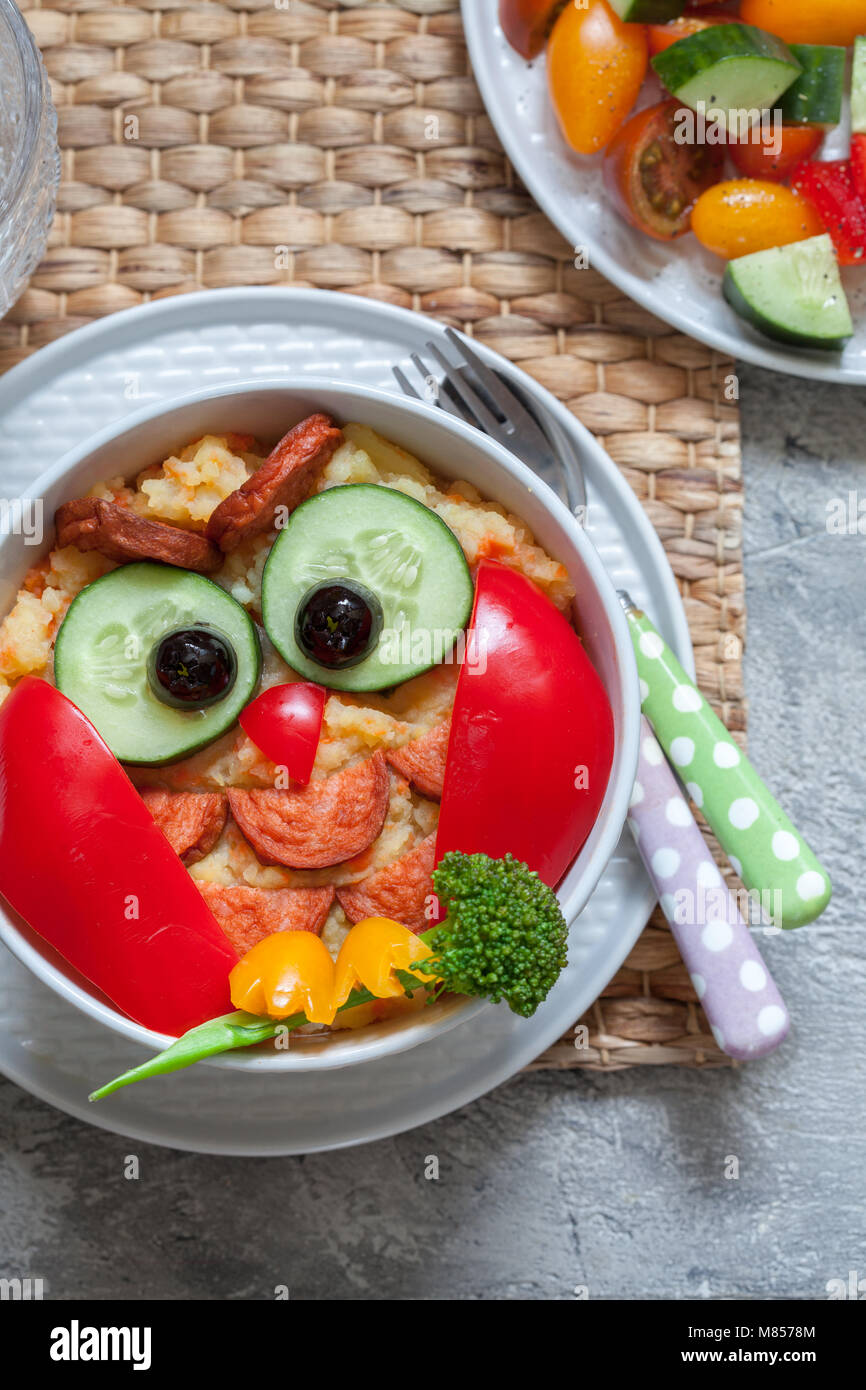 Funny owl mashed potato carrot vegetable puree with sausage for kids ...