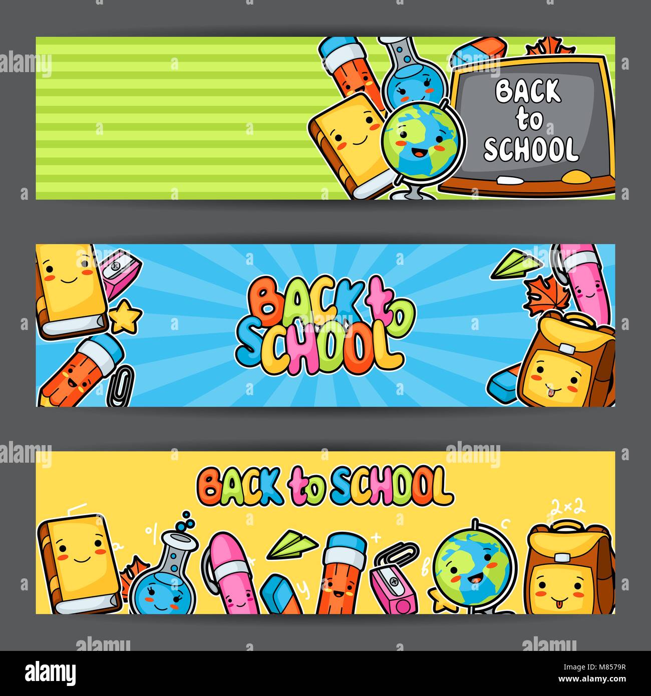 Back to school. Kawaii banners with cute education supplies Stock ...