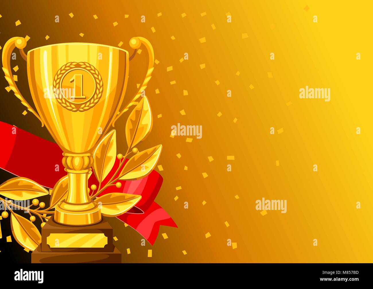 Realistic gold cup, laurel branch and ribbon. Background with place for ...