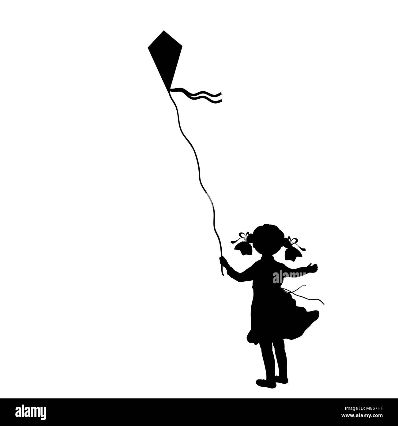 Silhouette girl flying kite summer. Vector illustration Stock Vector ...