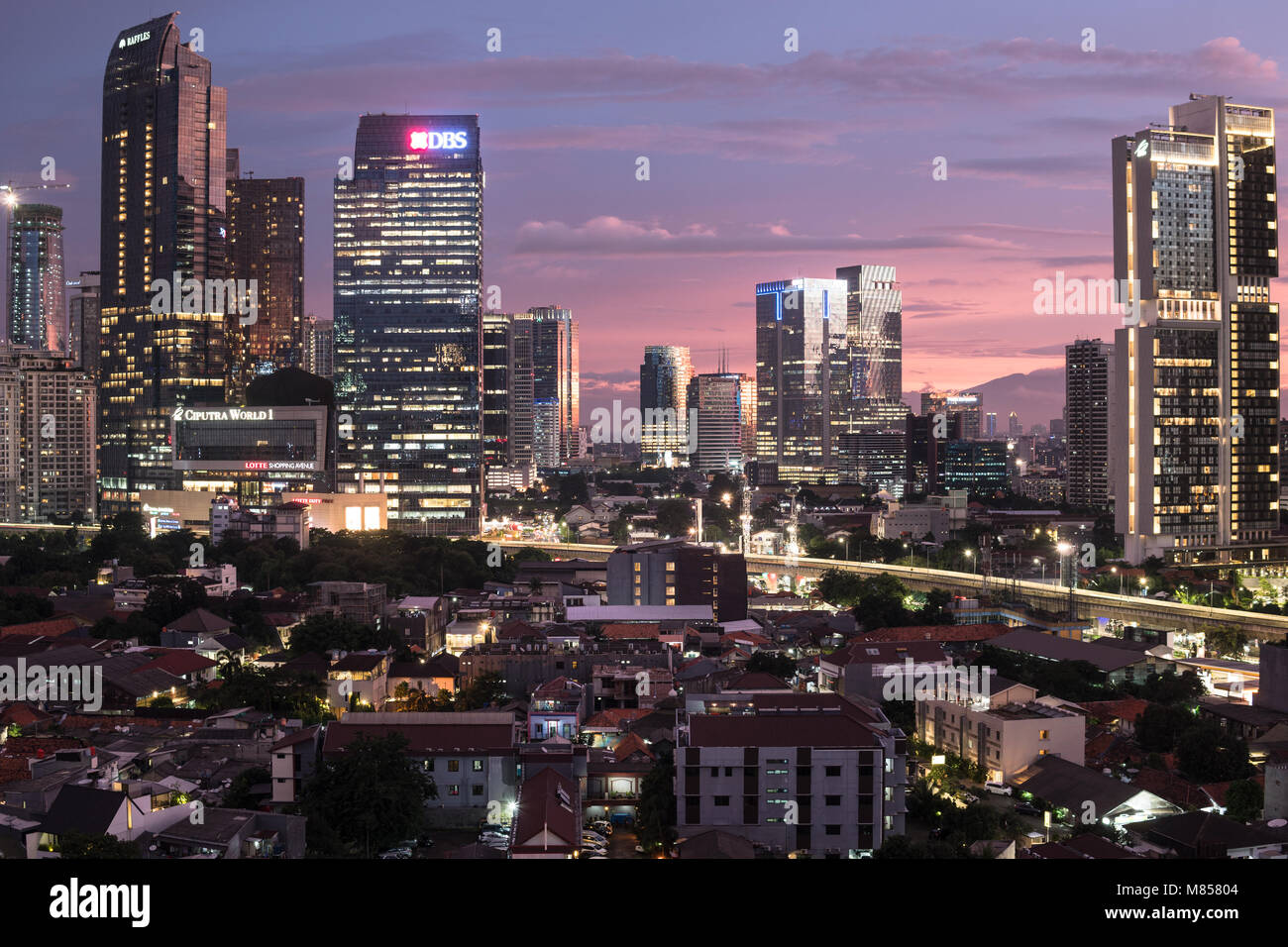 Jakarta, Indonesia - February 20 2018: Aerial view of the sun setting ...