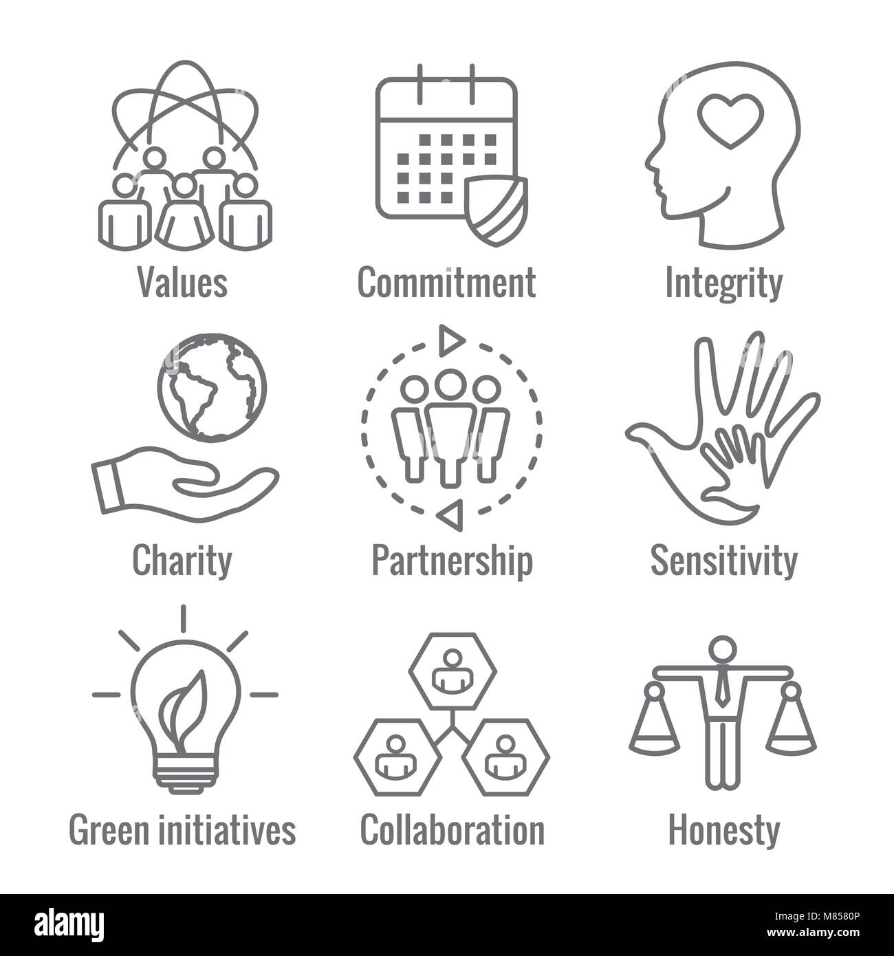 Social Responsibility Outline Icon Set with Honesty, integrity ...