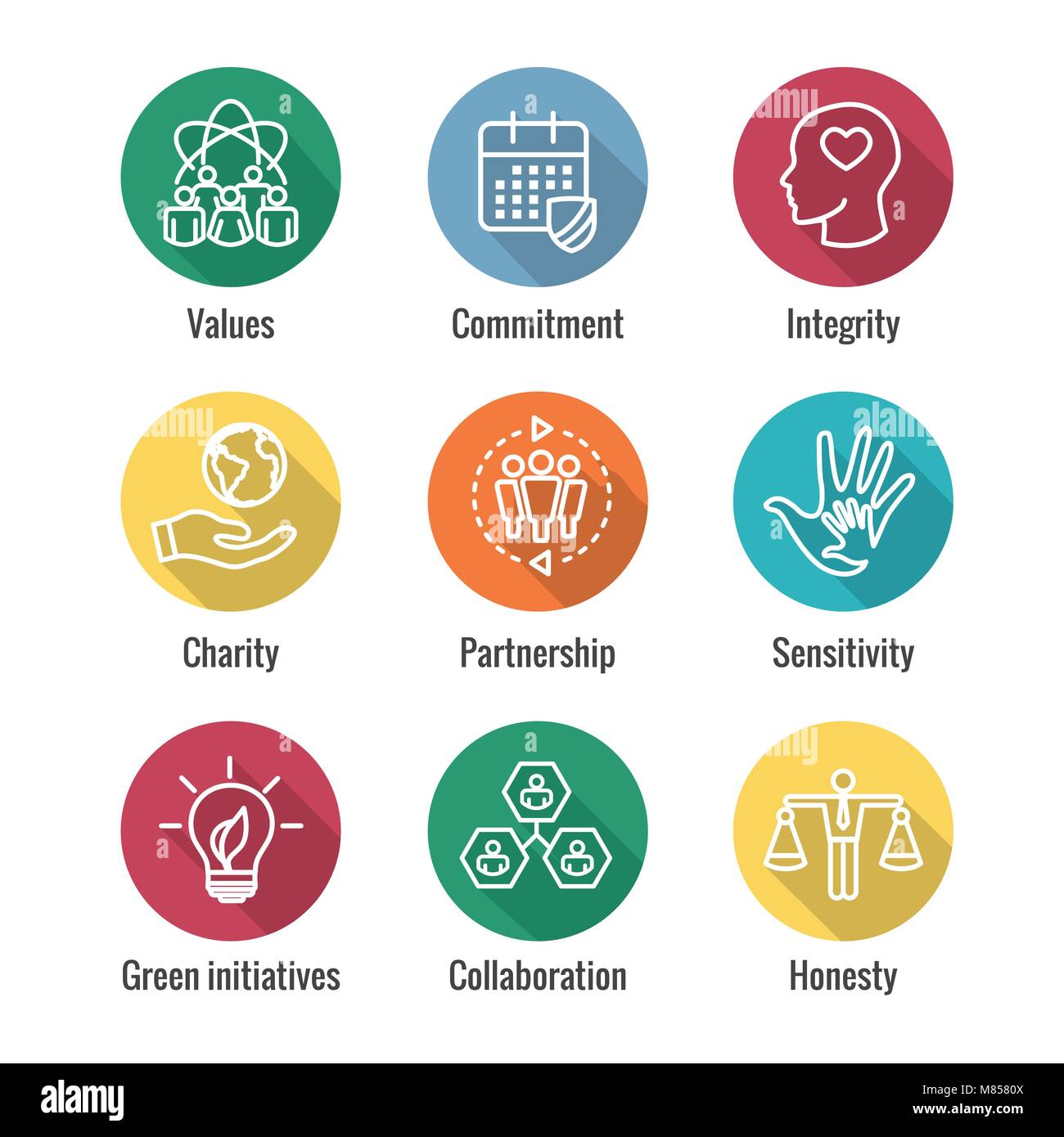 Social Responsibility Outline Icon Set with Honesty, integrity, & collaboration, etc Stock ...