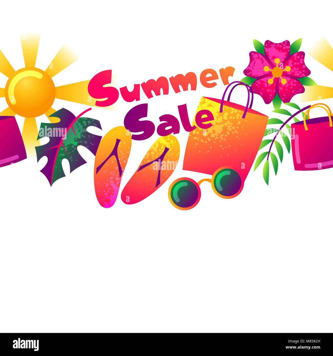 Summer sale seamless pattern with colorful elements. Sun, palm leaves ...