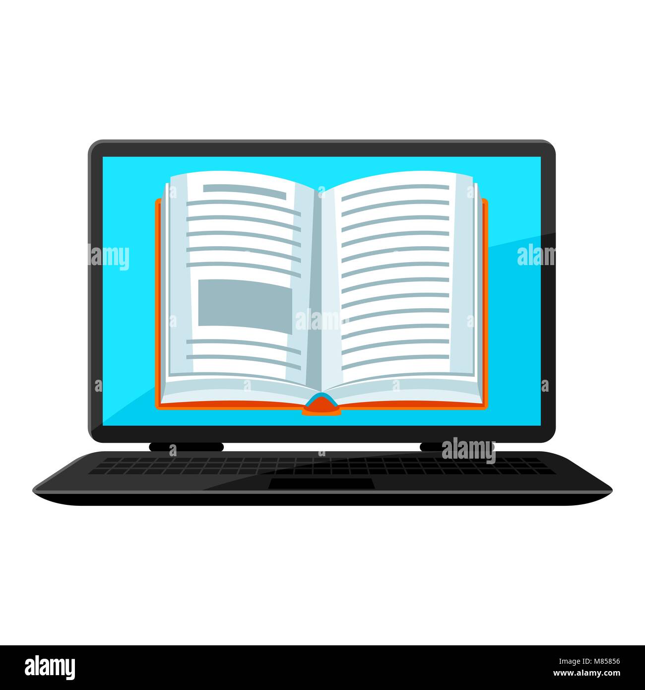 Digital library concept. Laptop with open book. E-book online reading ...