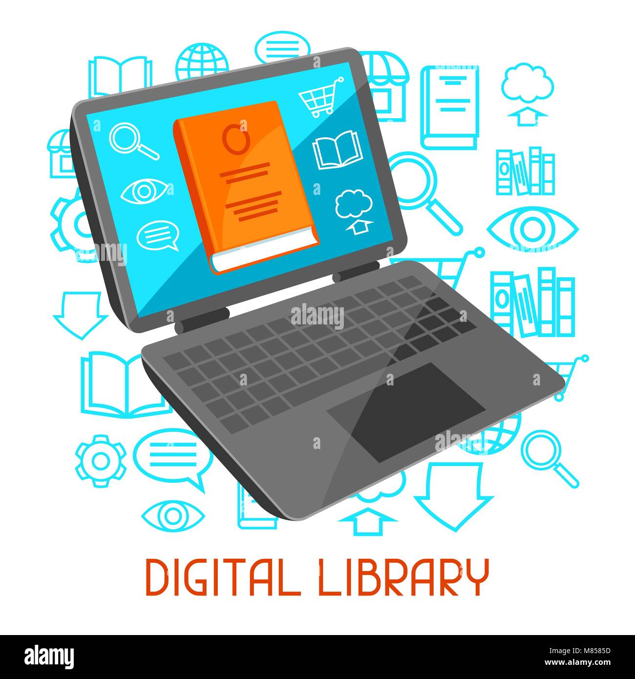Digital library concept. Laptop with open book. E-book online reading ...