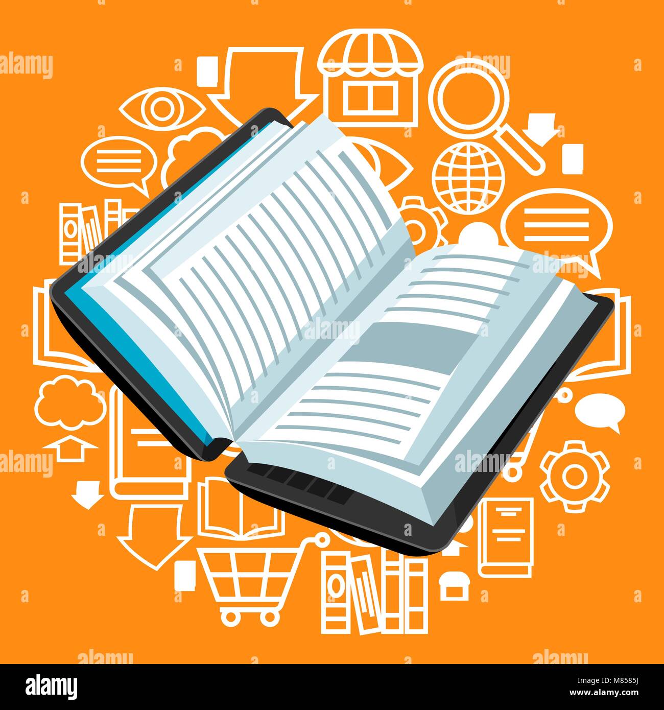 Digital library concept. Laptop with open book. E-book online reading ...