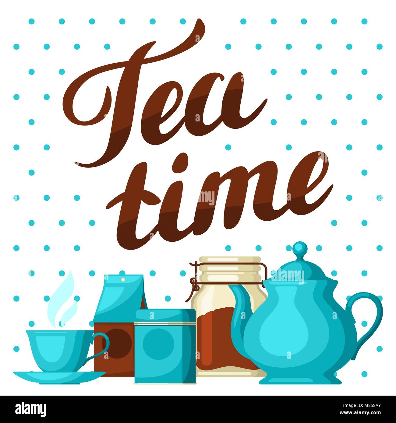 Tea time. Illustration with cup of tea, kettle, packages and hand ...