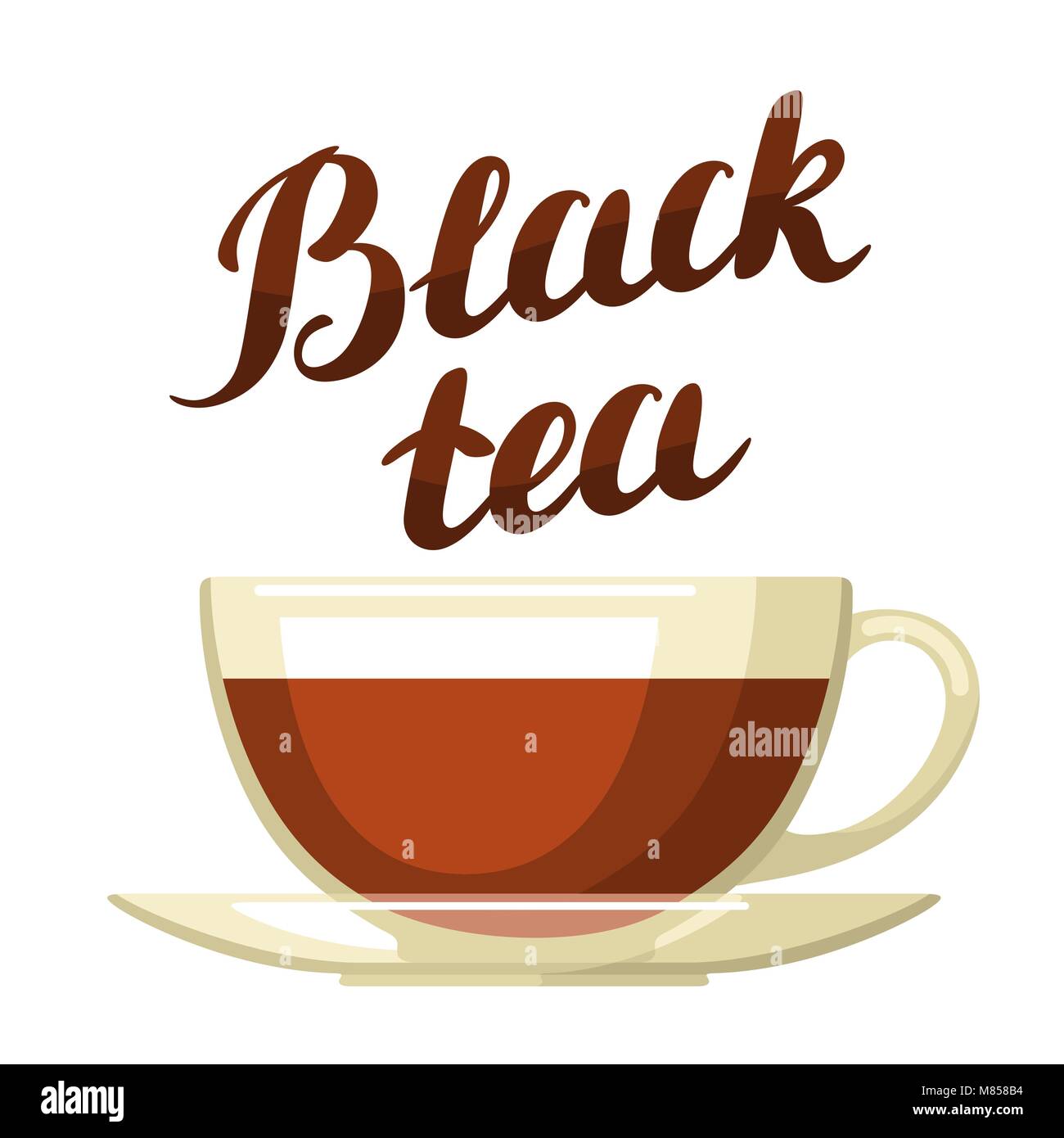 Black tea. Illustration with cup of tea and hand written lettering text ...
