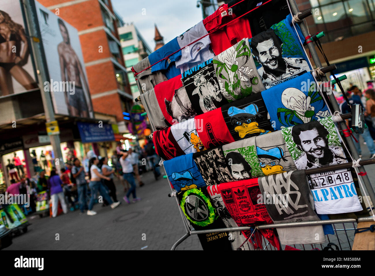 T-shirts for sale, depicting the drug lord Pablo Escobar, are seen ...