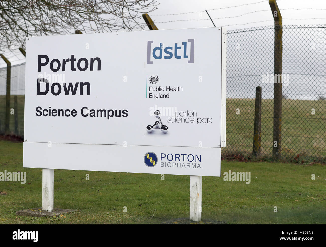 General view of a sign for Porton Down Science Campus in Wiltshire ...