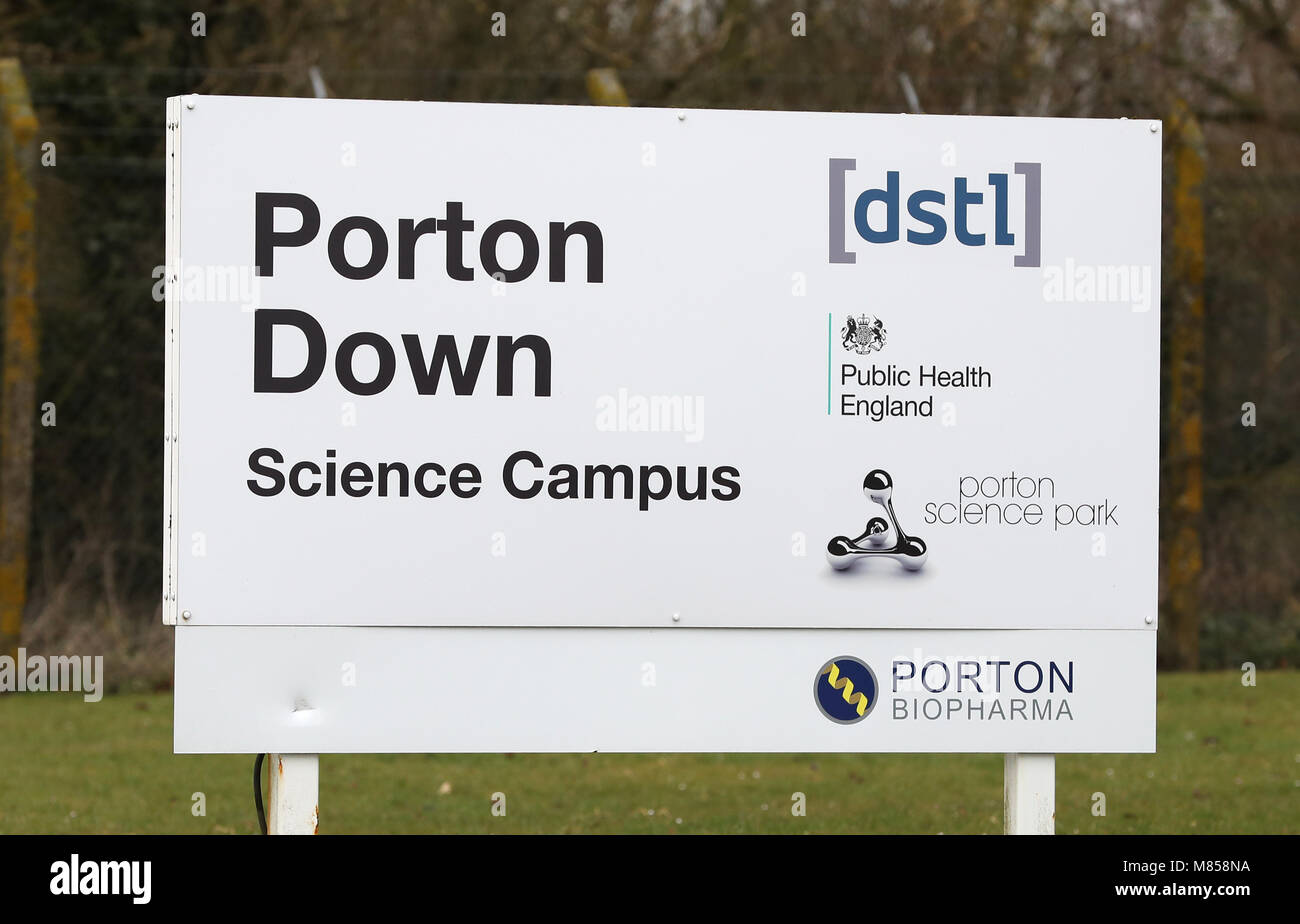 General view of a sign for Porton Down Science Campus in Wiltshire ...