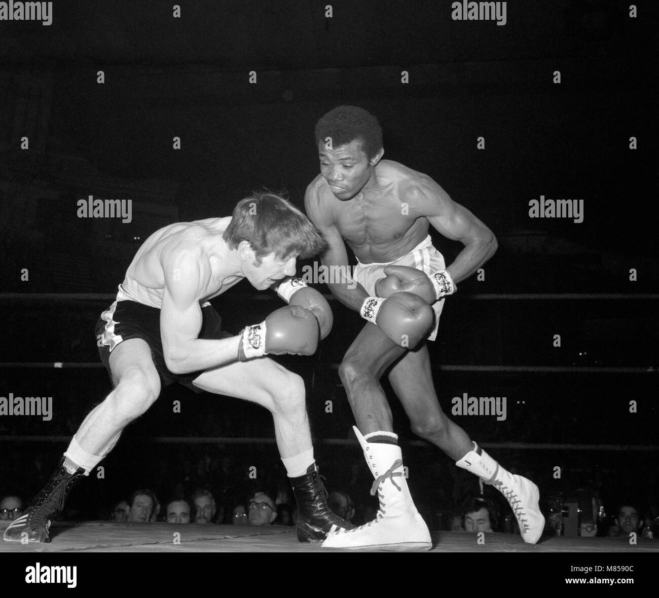 British Featherweight Champion Evan Armstrong (l), takes evasive action ...