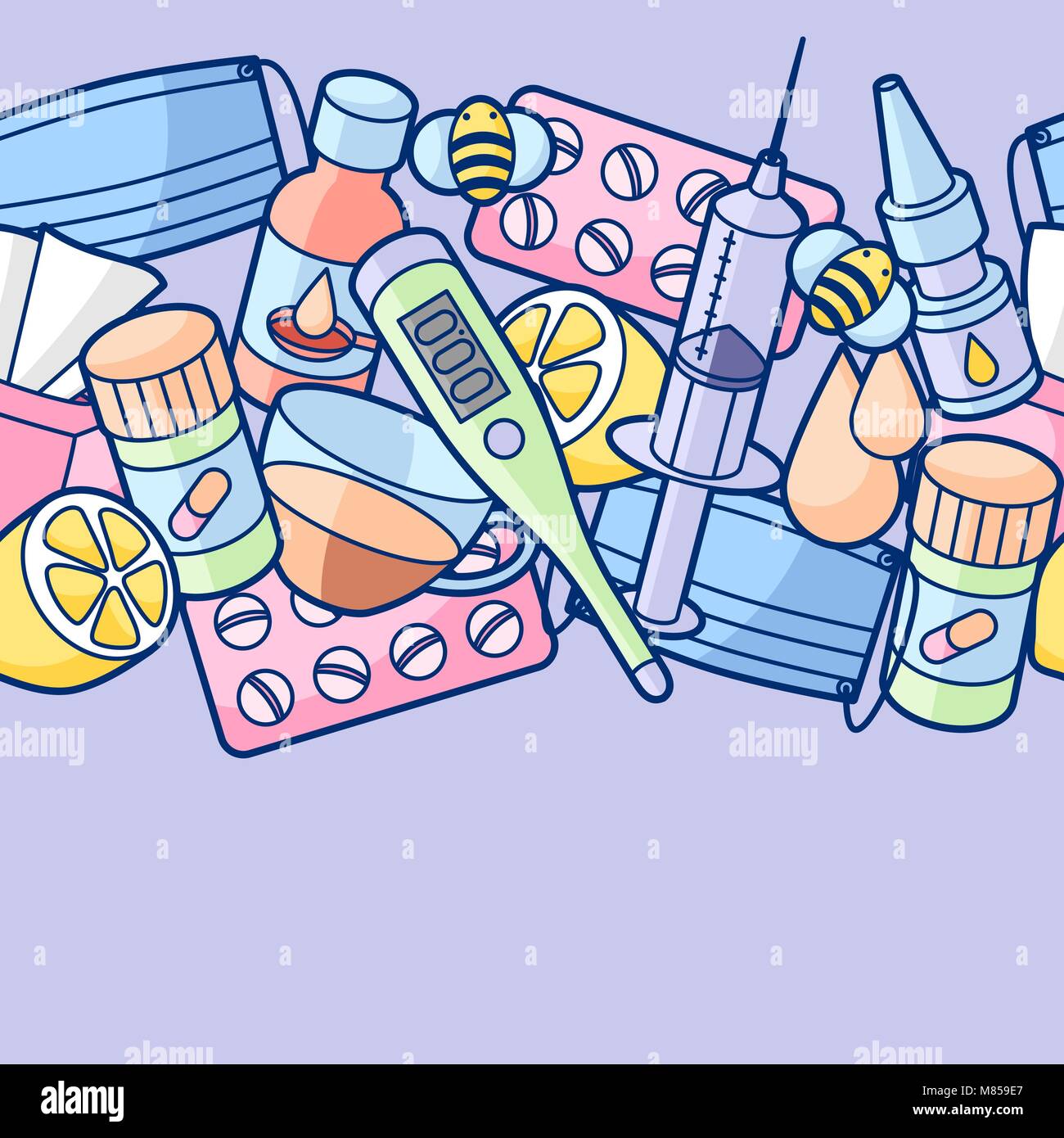Seamless pattern with medicines and medical objects. Treatment of cold ...