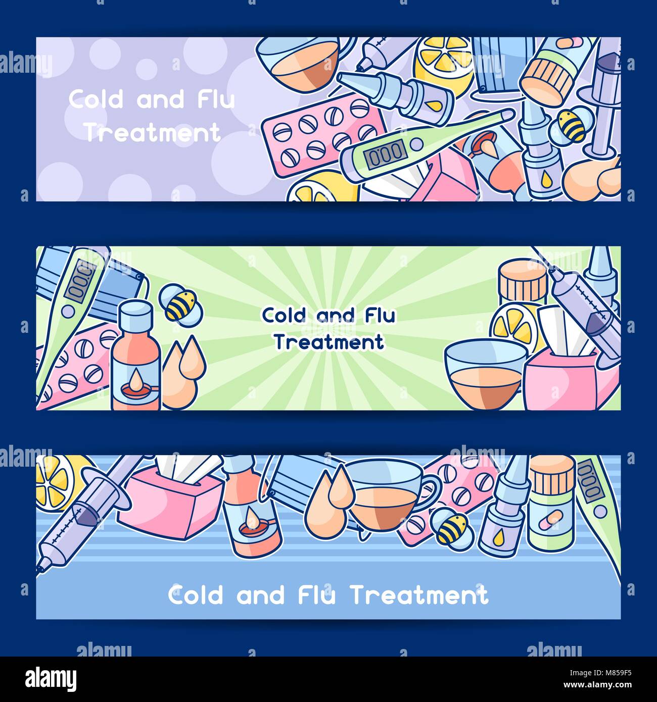 Banners with medicines and medical objects. Treatment of cold and flu ...