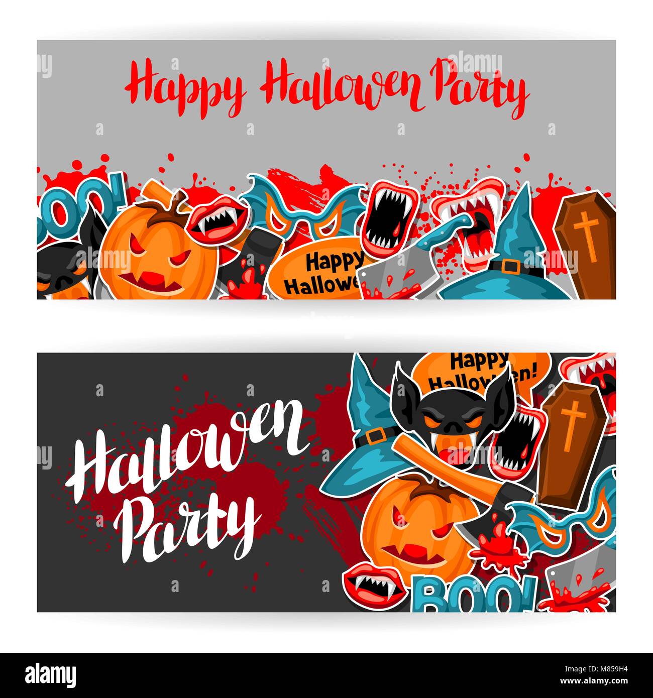 Happy Halloween banners with cartoon holiday sticker symbols ...