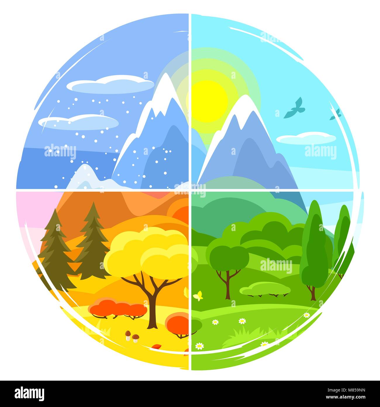 Four seasons landscape. Illustrations with trees, mountains and hills ...