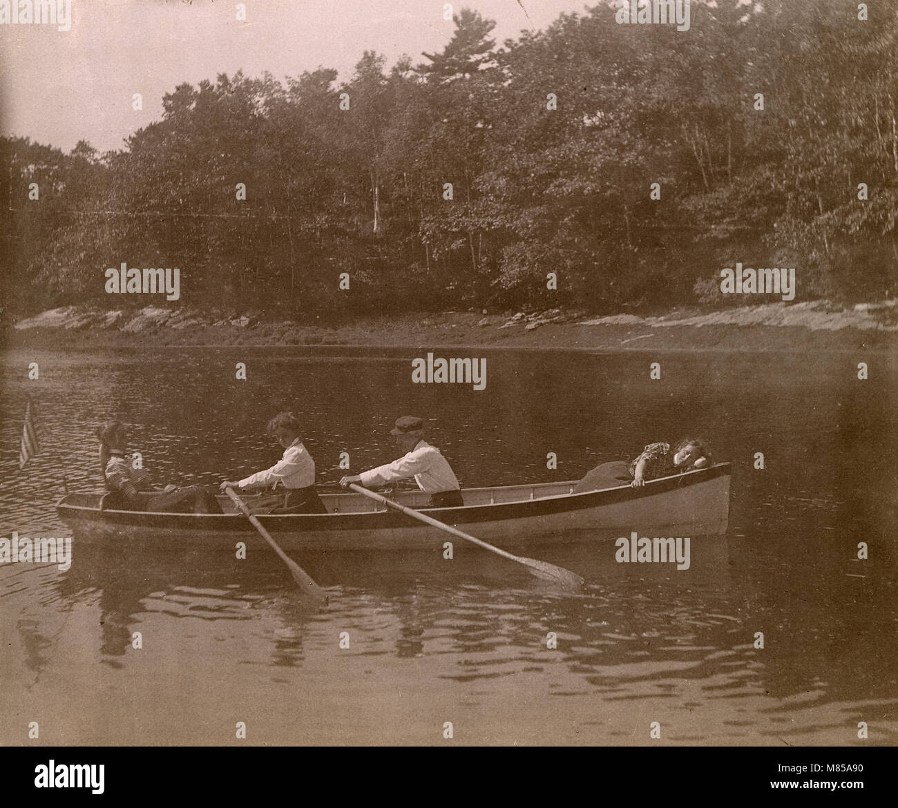 Antique circa 1905 photograph, family in a rowboat on the Sasanoa River ...