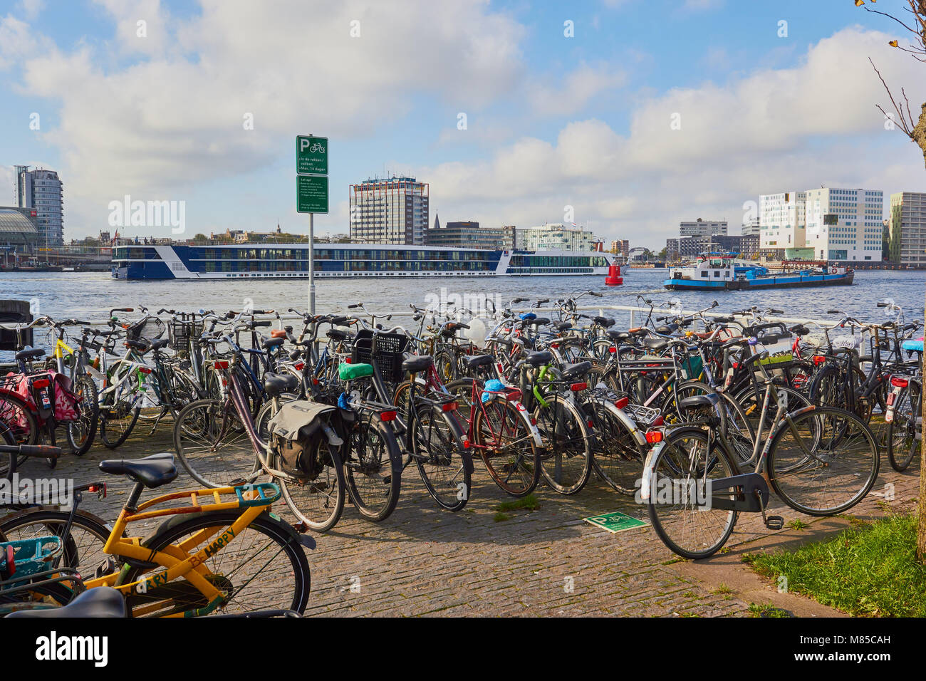 Bicycle park next to the IJ river, Overhoeks, Amsterdam-Noord ...