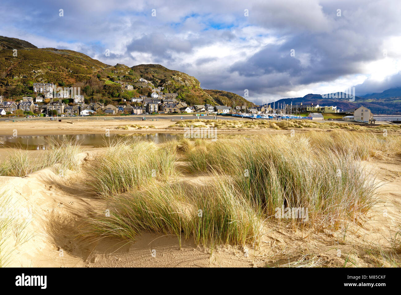 A winter view across the sand dunes of Barmouth Beach looking towards ...