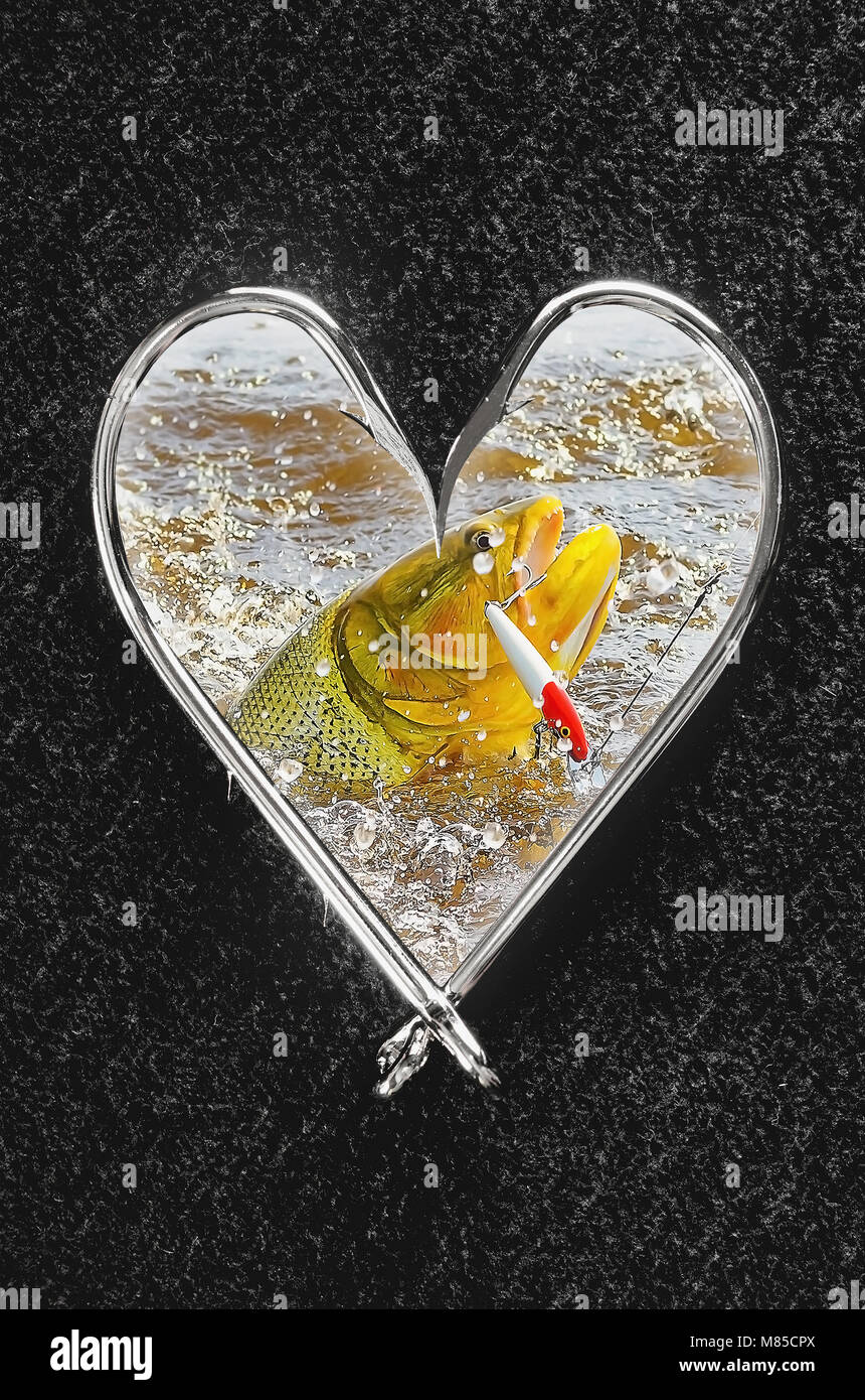Love for fishing concept: Fishing hooks on a heart shape with an image ...