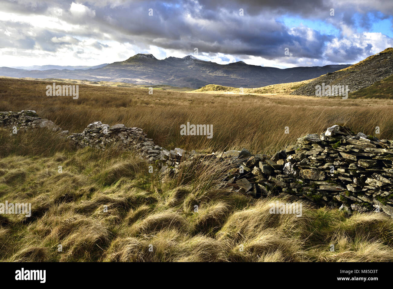 A winter view across moorland of the Snowdonia Mountains in North Wales ...