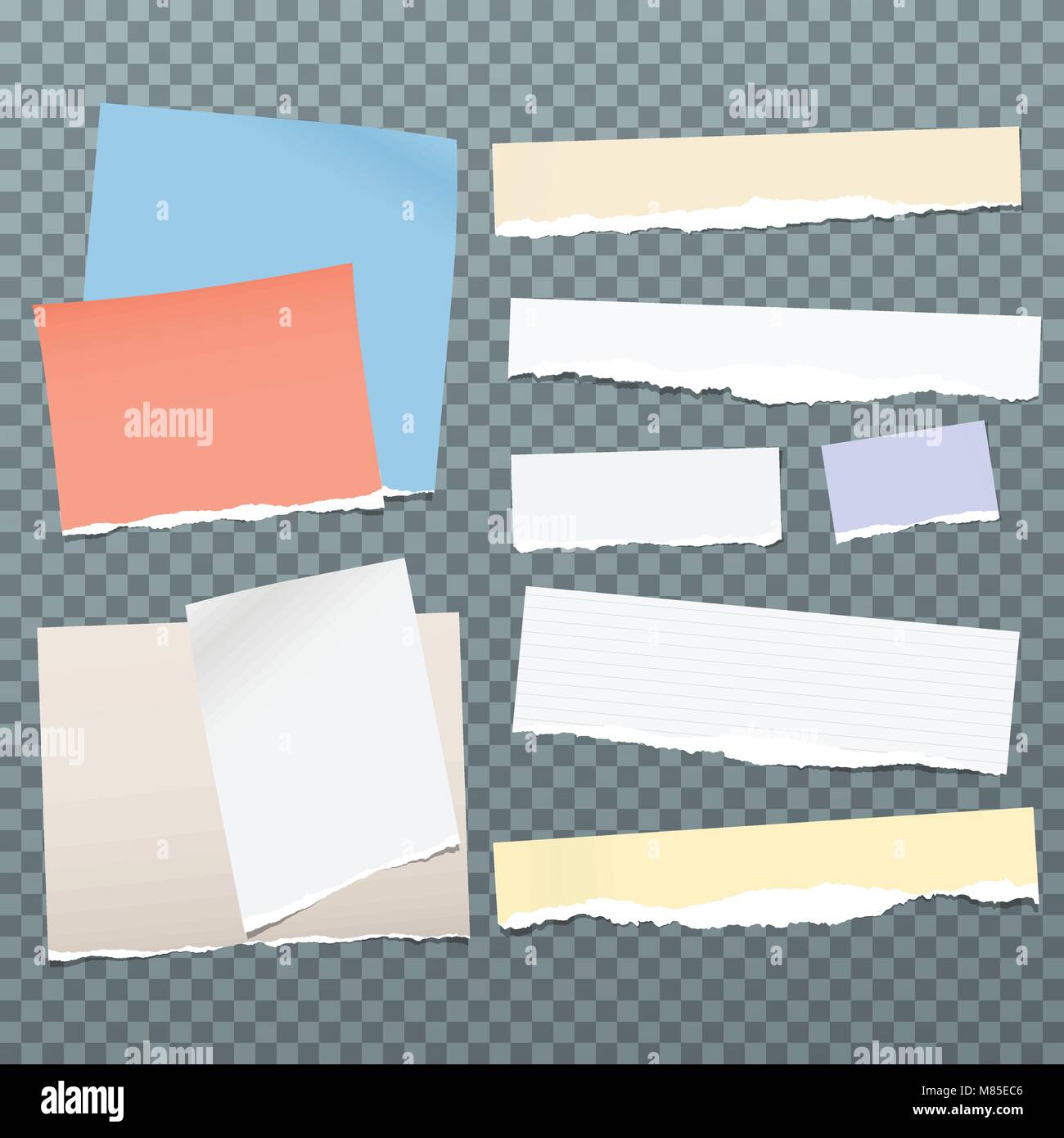 Colorful and white torn note, notebook paper pieces for text stuck on ...